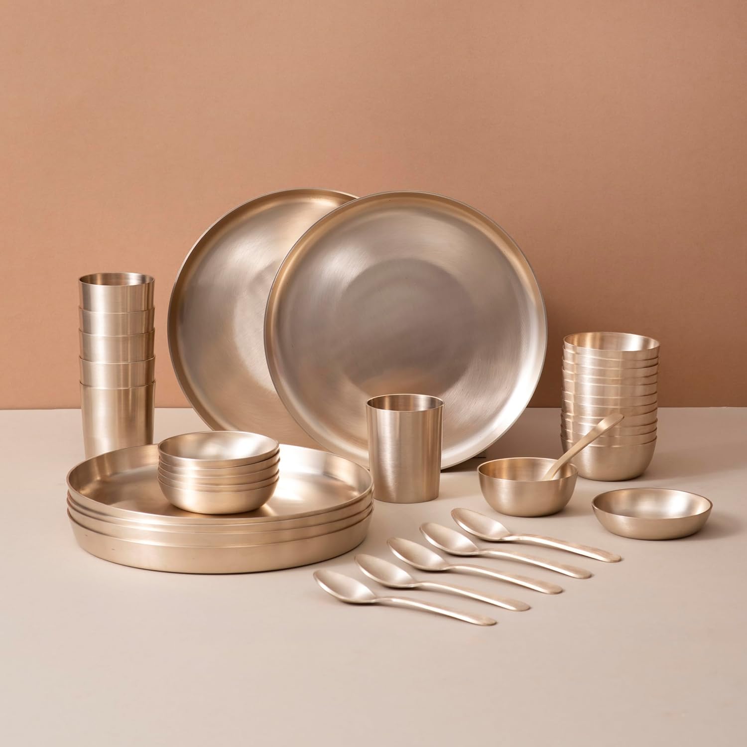 Veda Essentials. 36-Piece Kansa Dinner Set | Matte Finish | 6 Plate (10 ...