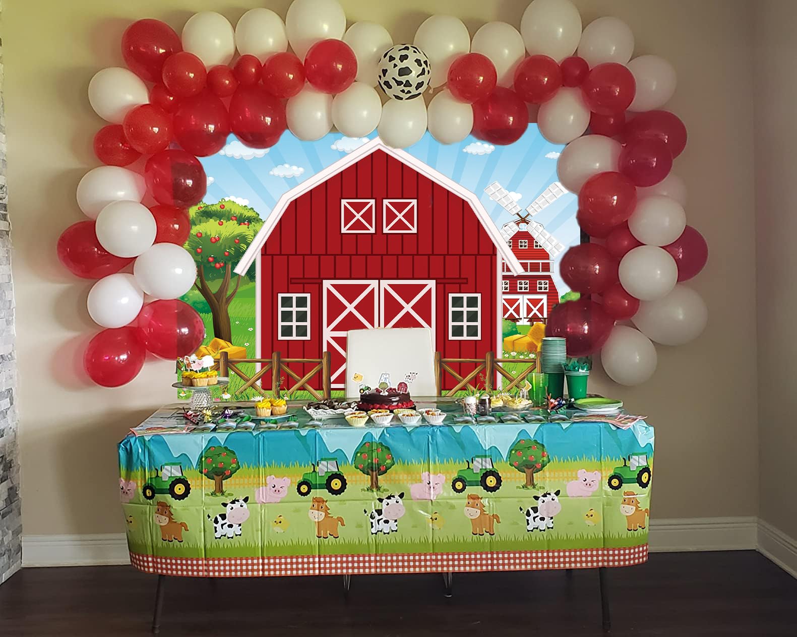 Snapklik.com : RUYI Farm Barn Backdrop 8x6FT Cartoon Red Barn Green ...