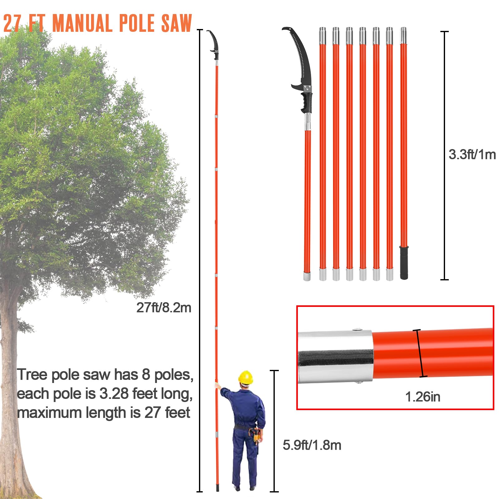 Snapklik.com : Pole Saws For Tree Trimming, 7.3-27 Ft Manual Pole Saw ...