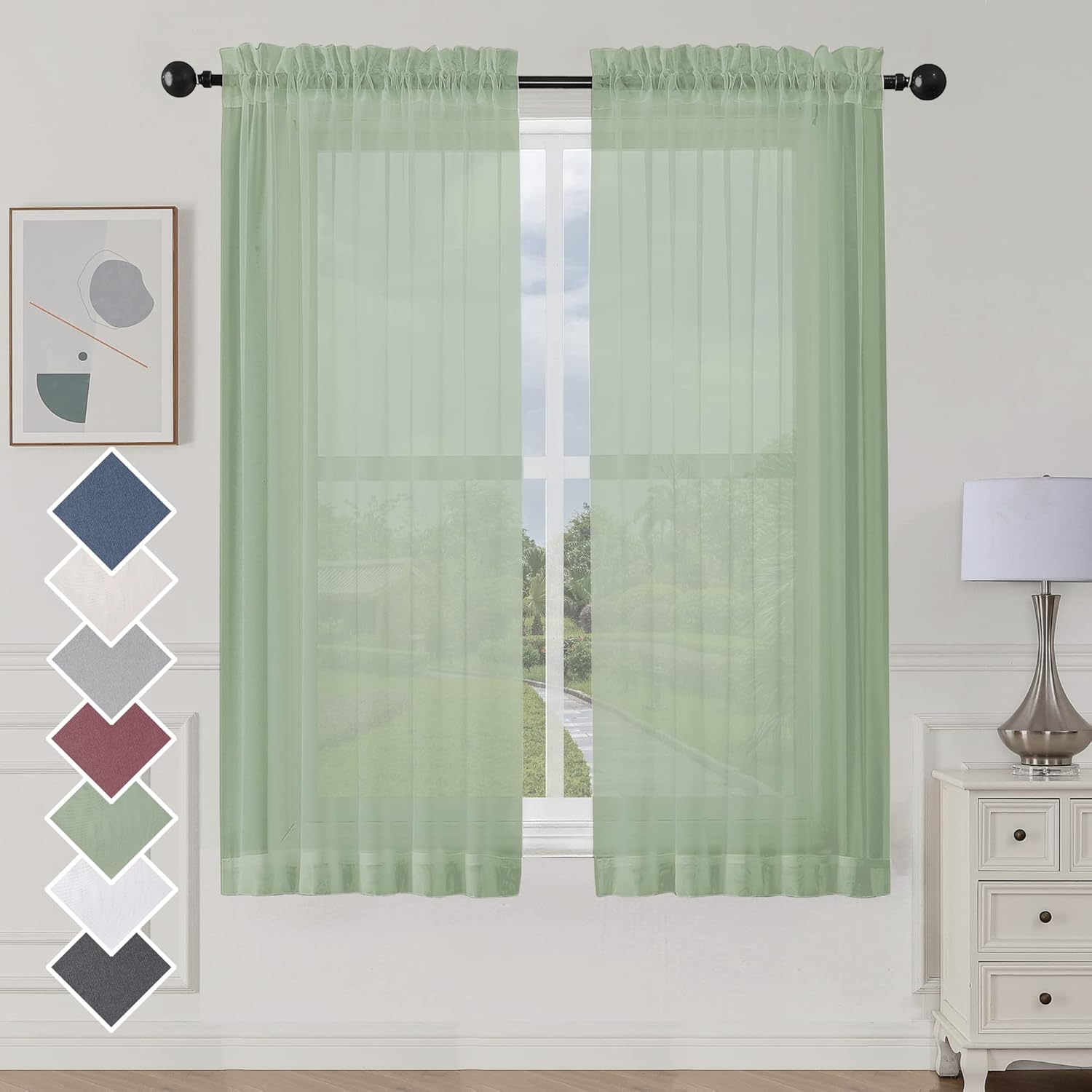 Amazon.com: Aiyufeng Sage Green Sheer Curtains 63 inch Length 2 Panels ...
