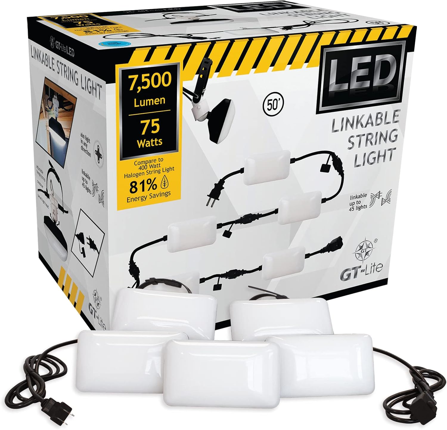 GT Lite 7500 Lumen LED 50ft 5-Head Adjustable Linkable String Light ...