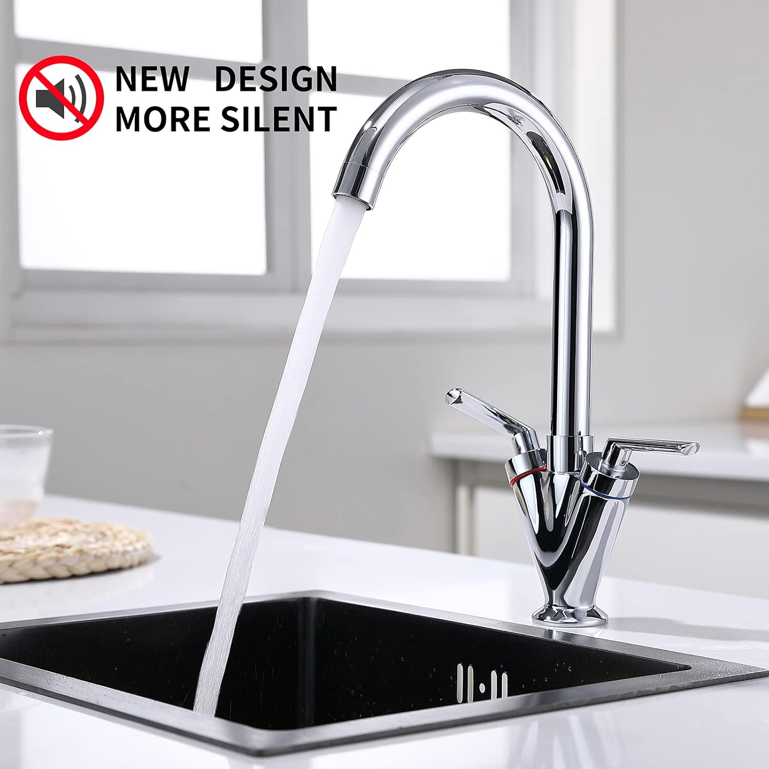 Kitchen Mixer with Double Handle Monobloc 360° Swivel Spout, 304 ...