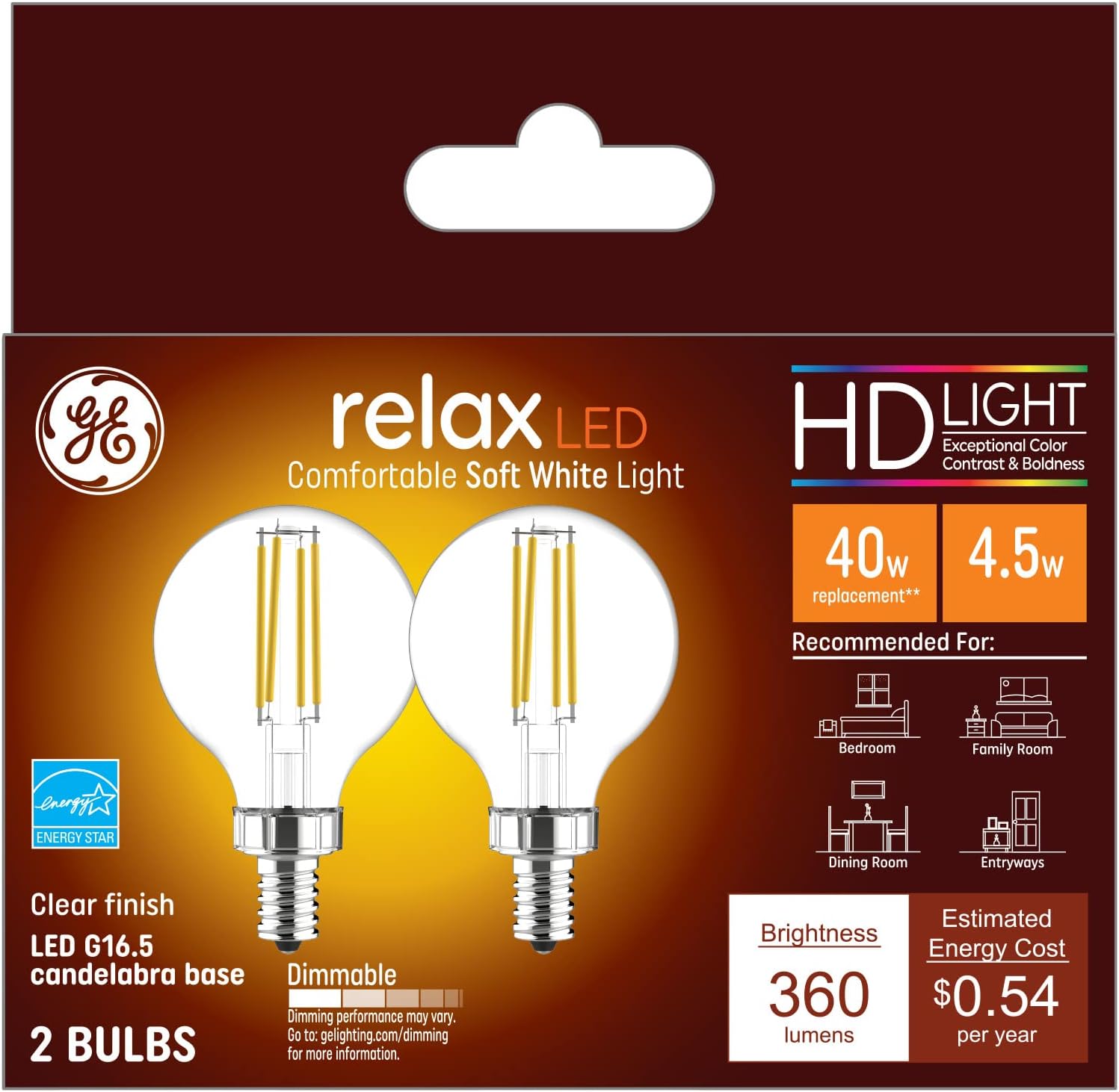 Amazon.com: GE Relax LED Light Bulbs, 40 Watt, Soft White, G16.5 Globe ...