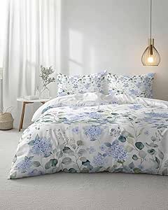Amazon.com: Duvet Cover Set Queen, Blue Hydrangea Flower Leaves on ...