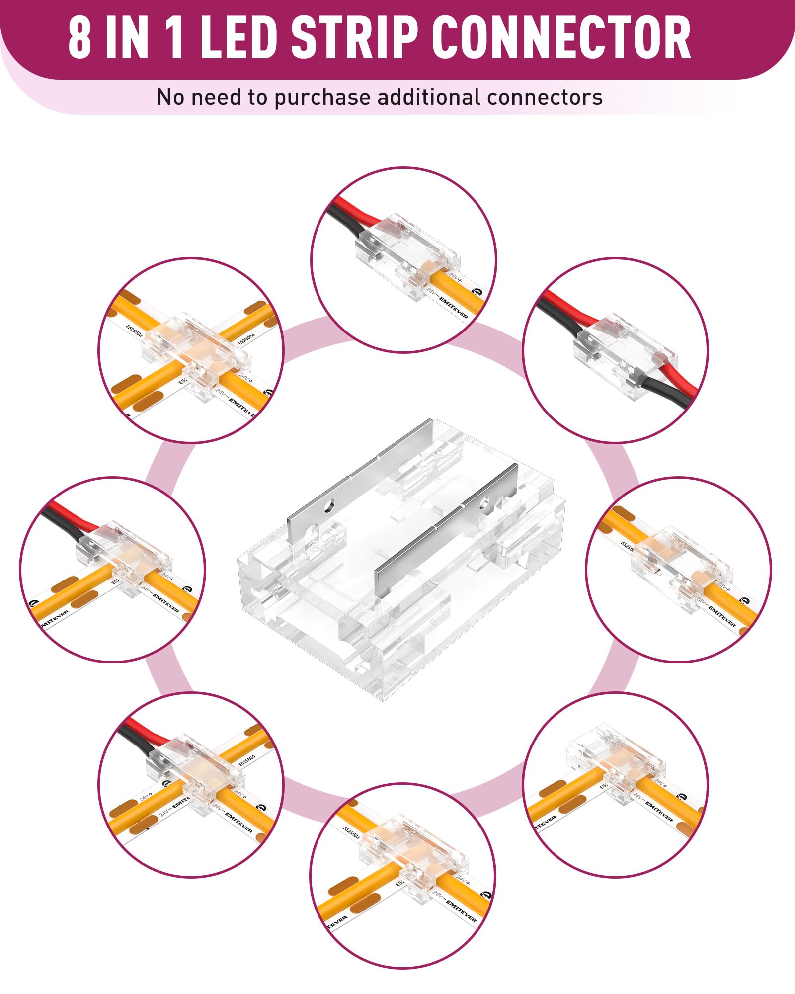 Snapklik.com : 8-in-1 LED Strip Connectors 12pcs, 2 Pin 8mm COB Tape ...