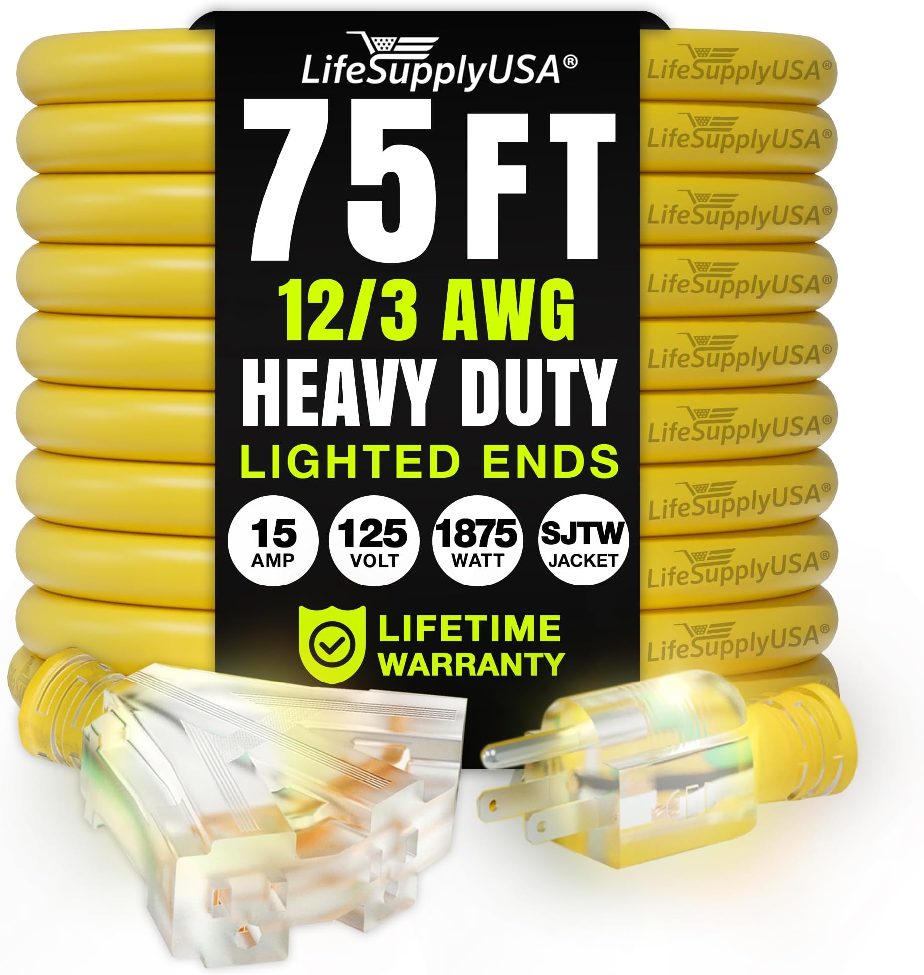 75ft Outdoor/Indoor Extension Cord 3-Outlet 12/3 Gauge Extra Heavy Duty ...