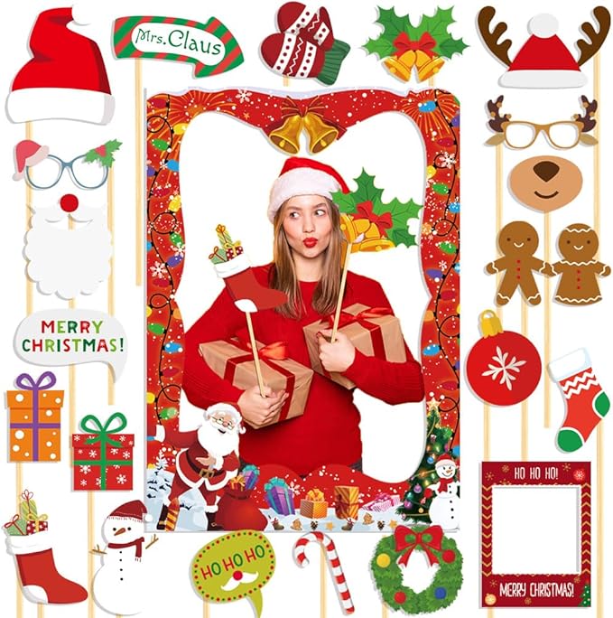 Amazon.com: Christmas Photo Booth Frame With 20 Pcs Party Props ...