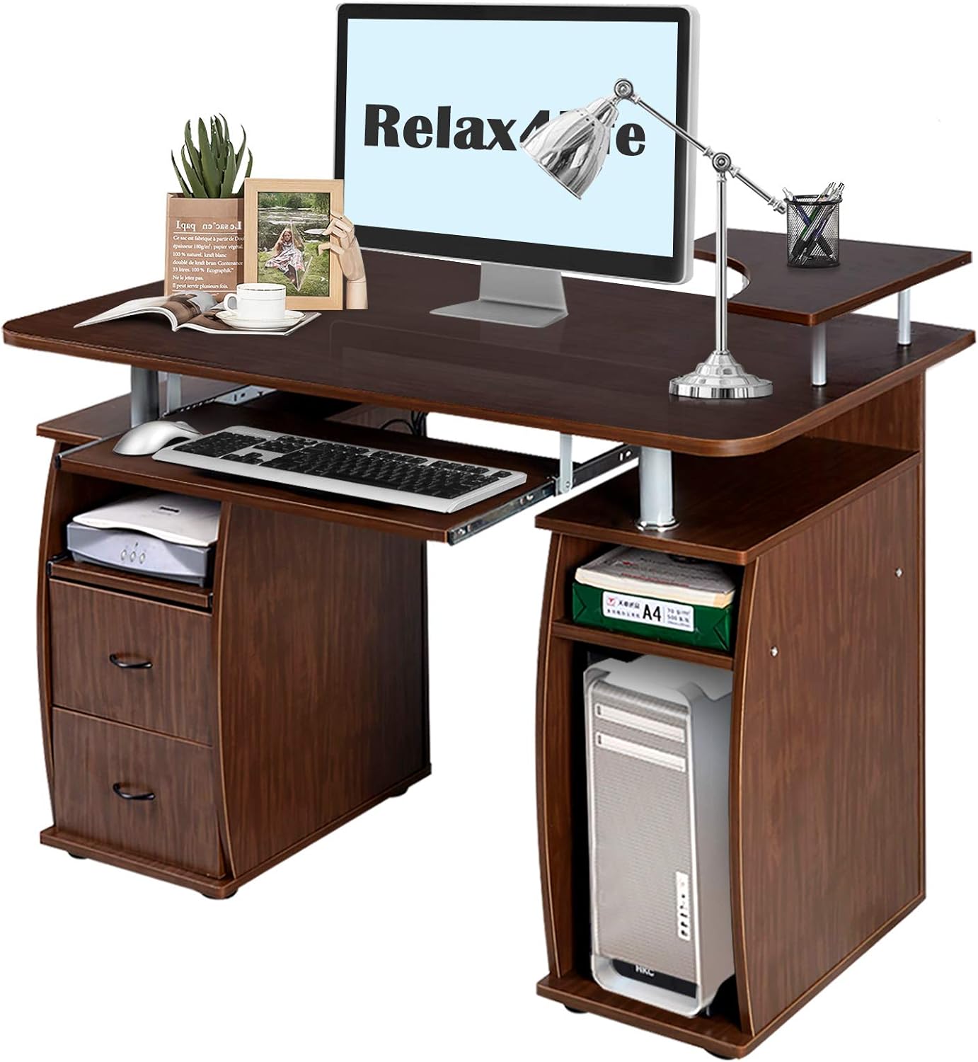 RELAX4LIFE Schreibtisch aus Holz mit Zwei Schubladen, PC-Tisch mit ...