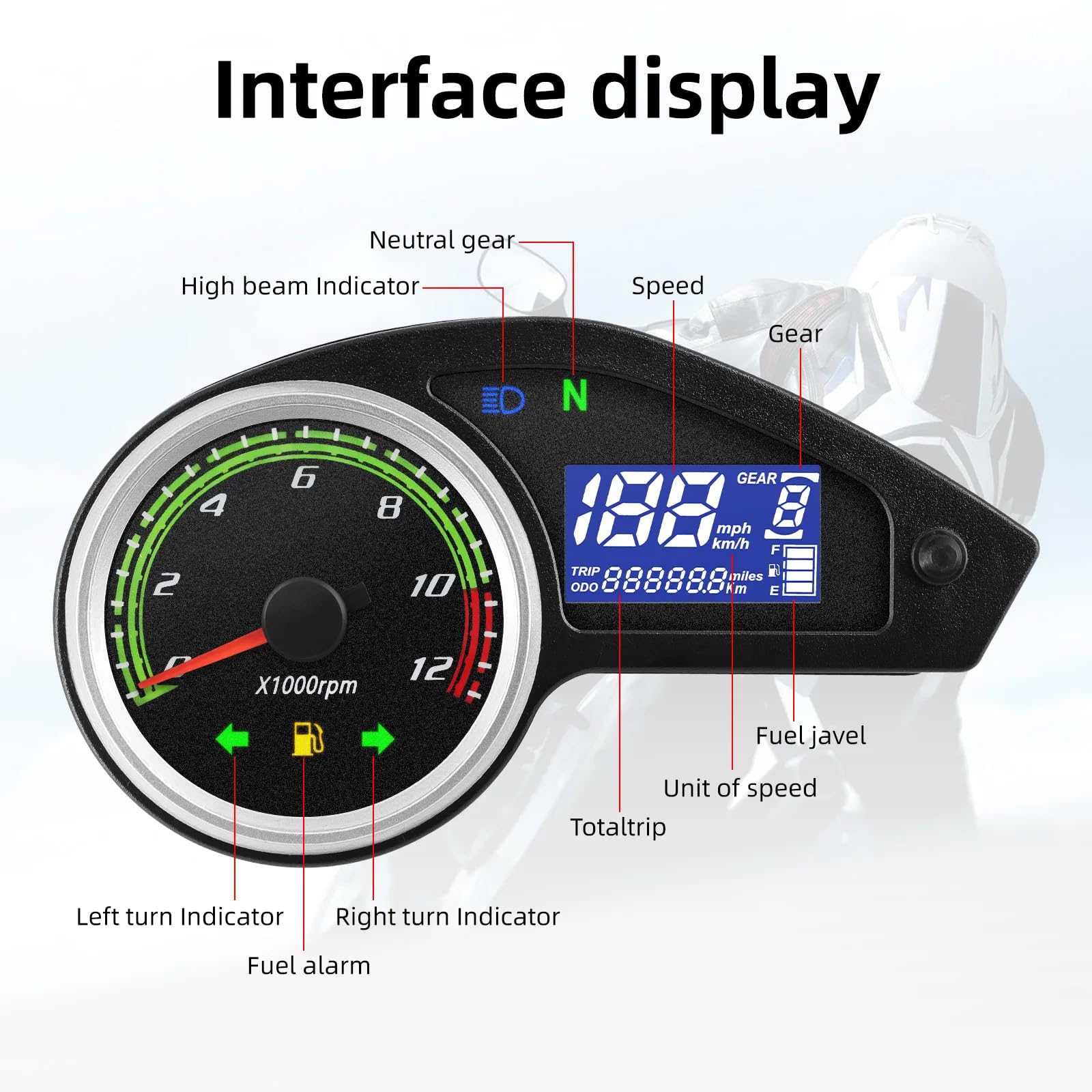 Snapklik.com : Motorcycle Speedometer Gauge 12000RPM Universal Digital ...