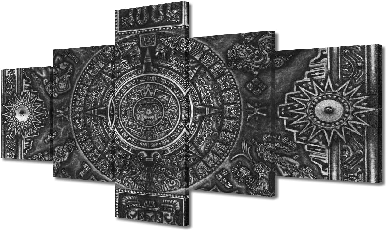 Amazon.com: 5 Pieces Aztec Calendar Canvas Wall Art Black and White ...