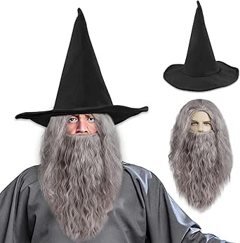 Amazon.com: Black Wizard Hat, 3Pcs Pointed Wizard Hats, Long Gray Wig ...