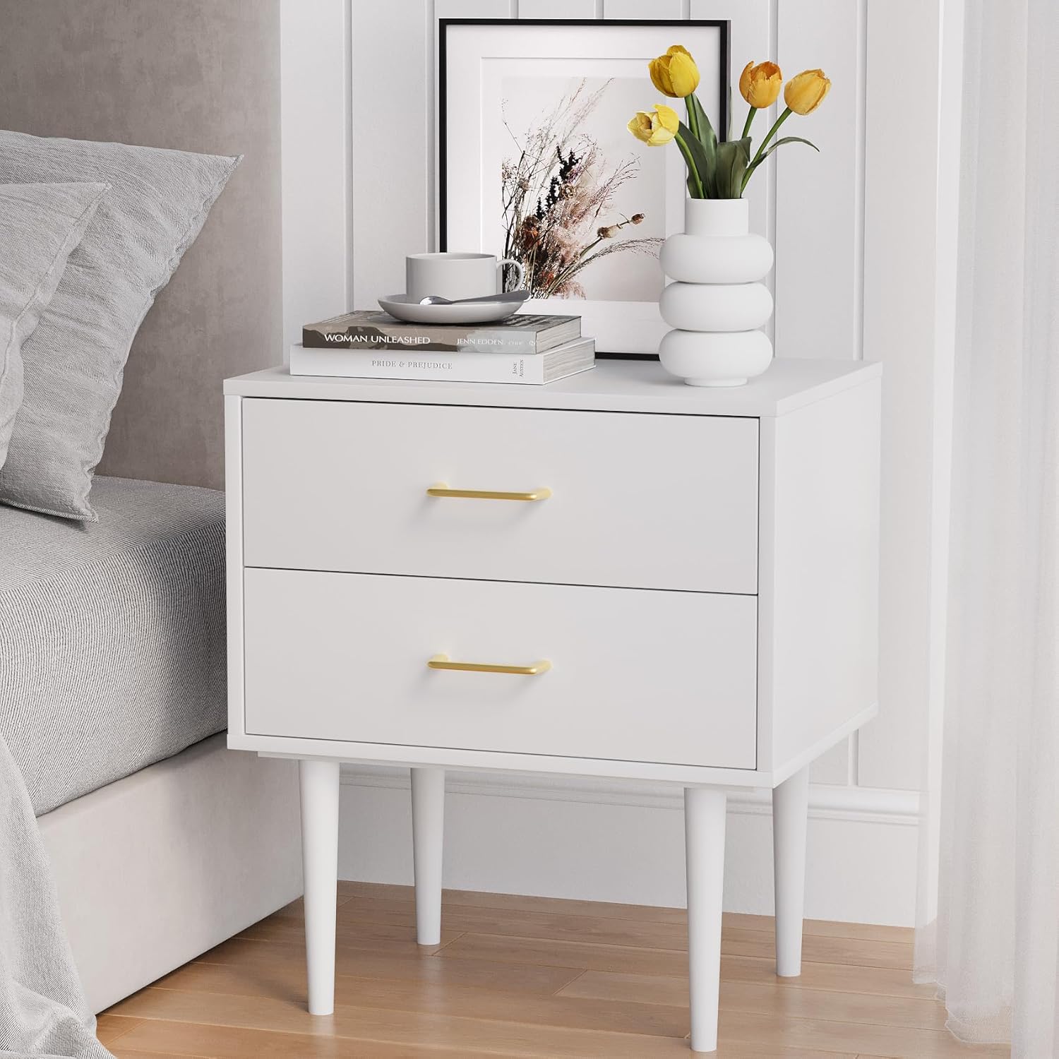 Amazon.com: Smart FENDEE White Nightstand with 2 Drawers : Home & Kitchen
