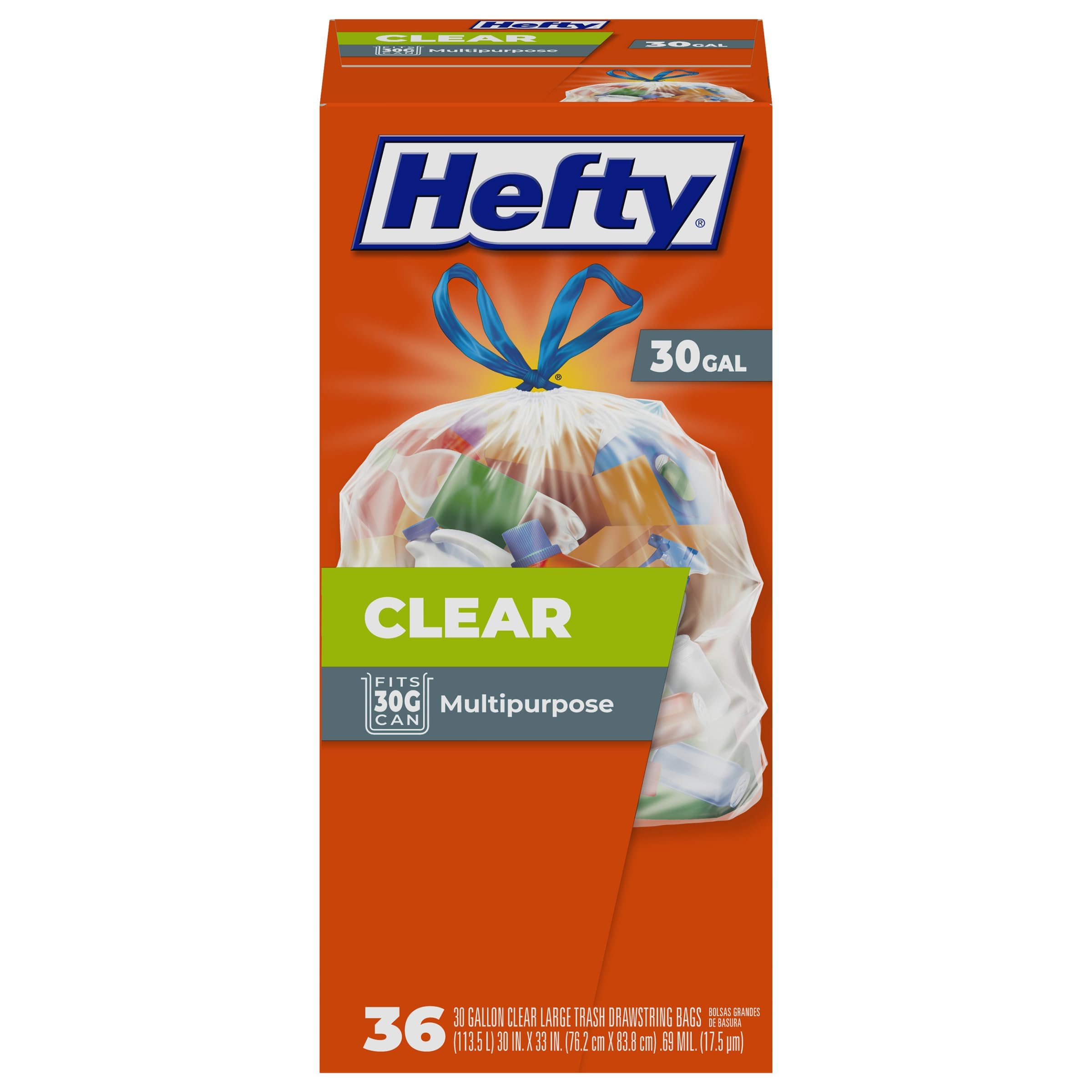 Amazon.com: Hefty - Clear Large Trash Bags, Scent Free - 30 Gallon, 36 ...