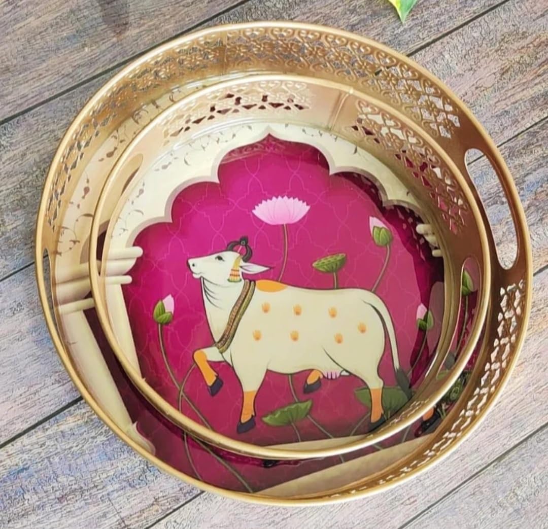 Boon of Artisans ™ Round Tray Set of 2 Cow Pichwai Tray (Size = 8" and ...