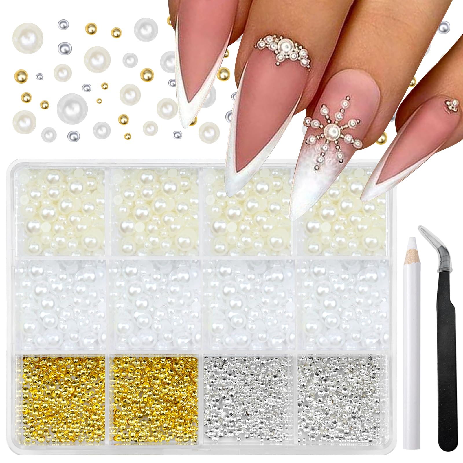 Amazon.com: Nail Art Pearls White Flatback Rhinestones Nail Charms Gold ...