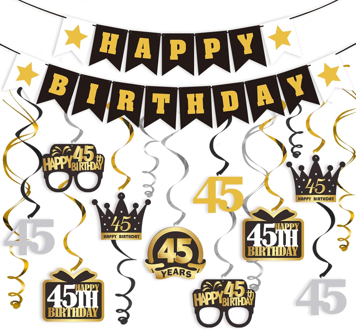 Amazon.com: LINGTEER Happy 45th Birthday Decorations Set - 12Pcs Black ...