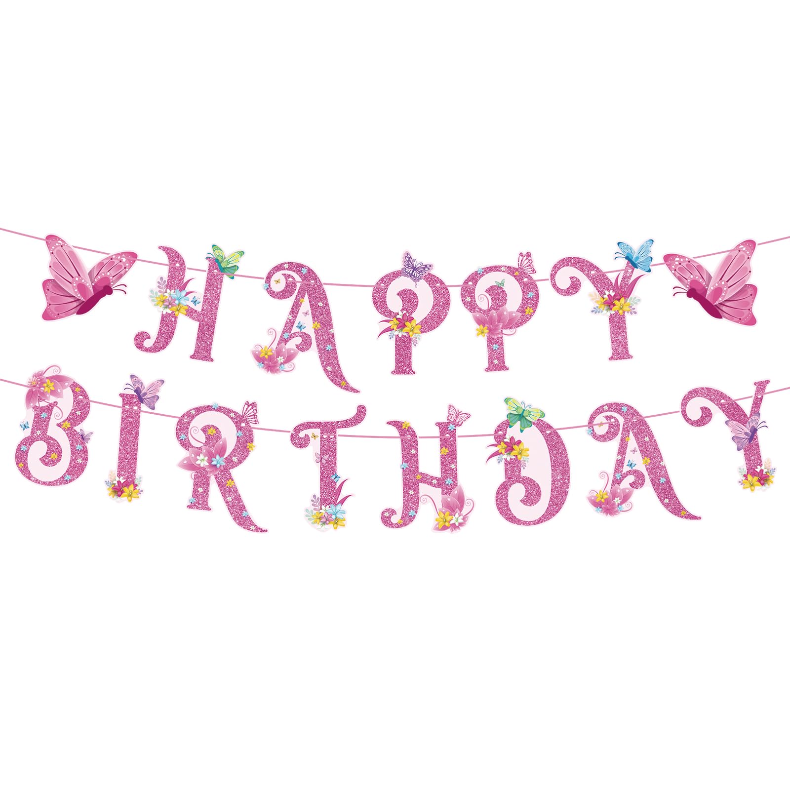 Amazon.com: JUYRLE Butterfly Happy Birthday Banner- Pink Spring Flowers ...