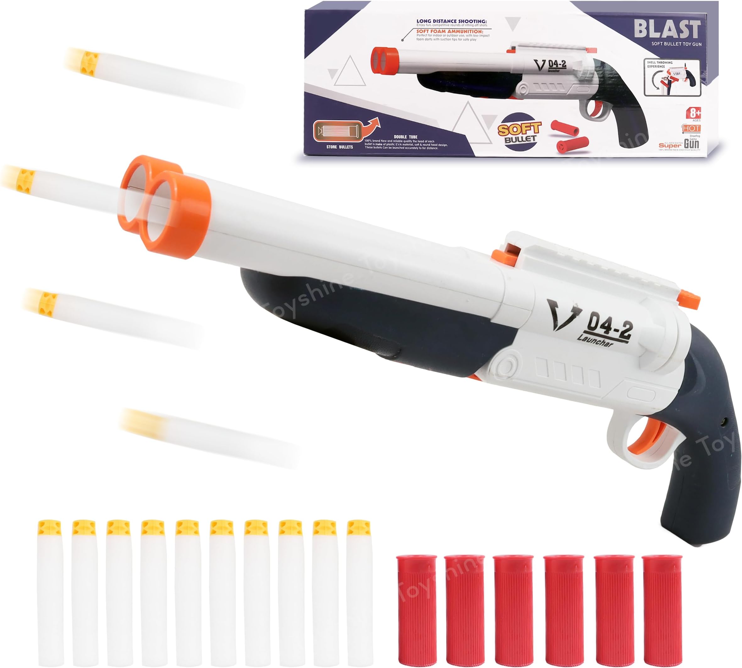 Toyshine Double-Barreled Long Range Soft Bullet Shotgun Toy with 10 ...