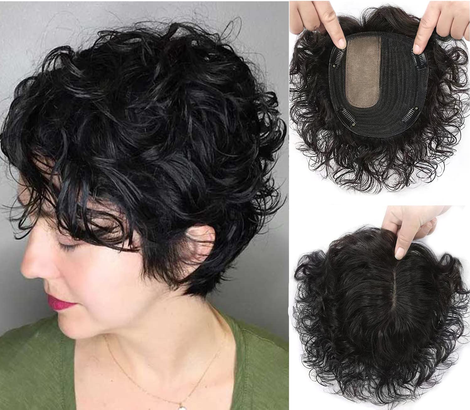 Amazon.com : ICRAB 6" Natural Fluffy Wavy Human Hair Toppers Simulated ...