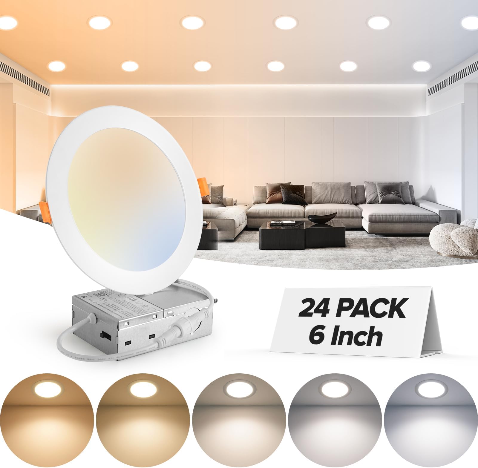 DAMINY 24 Pack 6 Inch LED Recessed Lighting with Junction Box,5CCT ...
