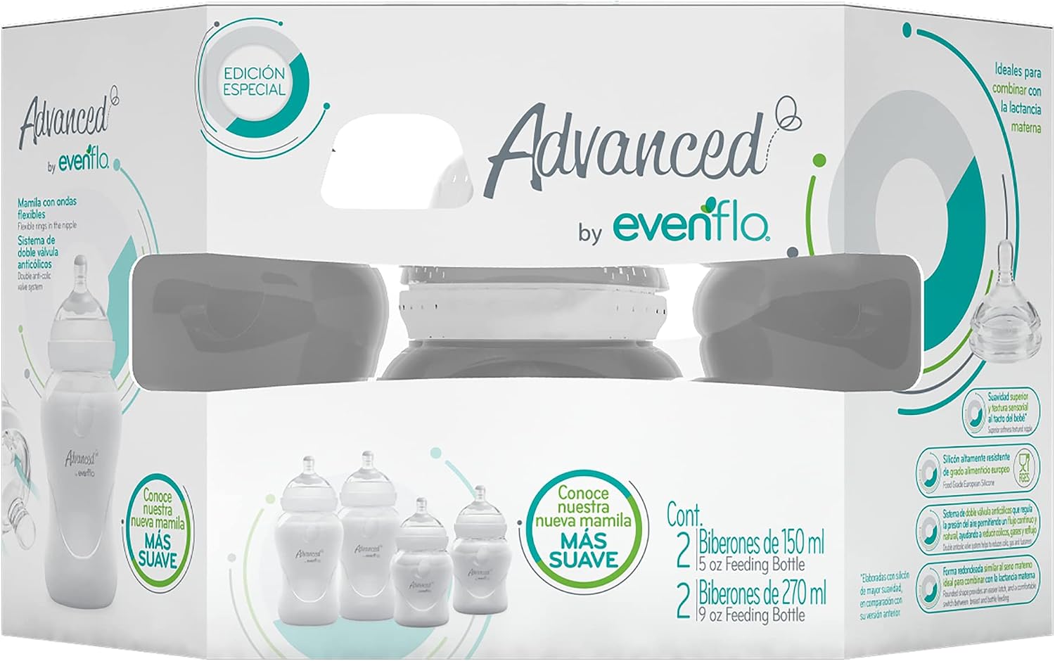 Advanced by Evenflo, Set de Biberones Anticólicos Cuello Ancho, Flujo ...