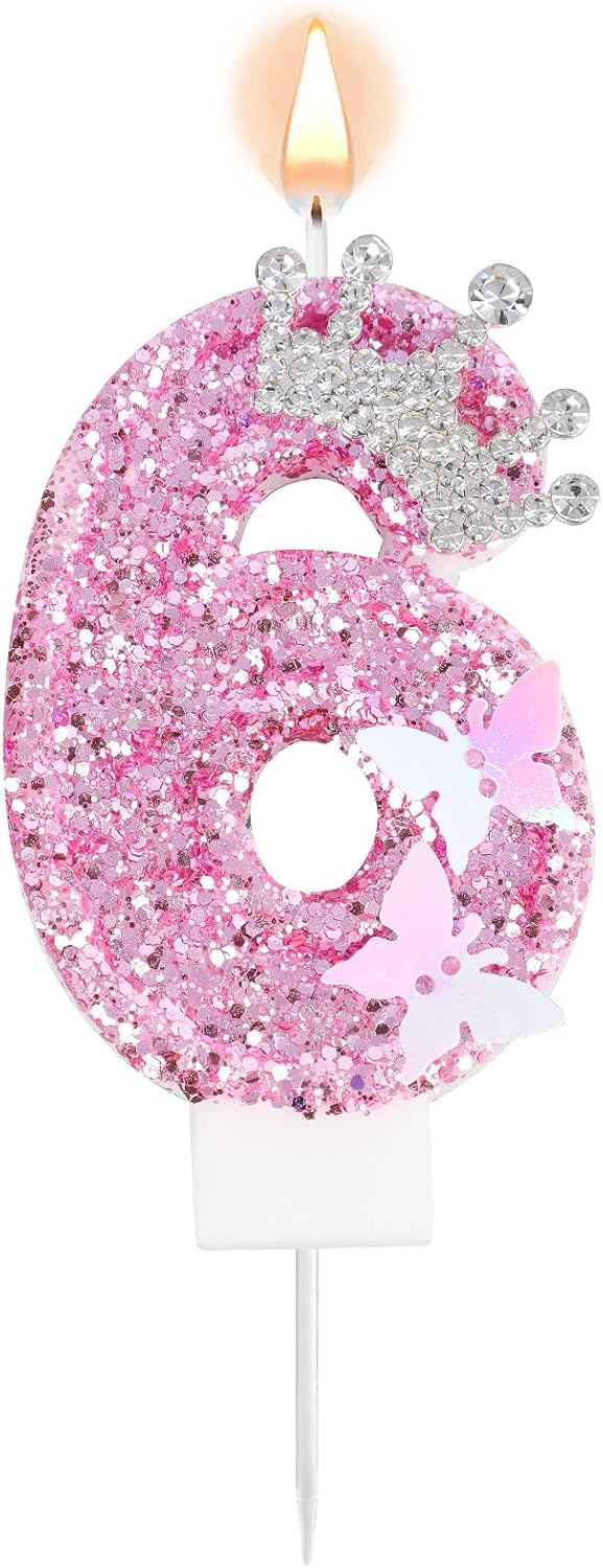 Pink Number Birthday Candle, 6th Sixth Six Glittery Crown Butterfly ...