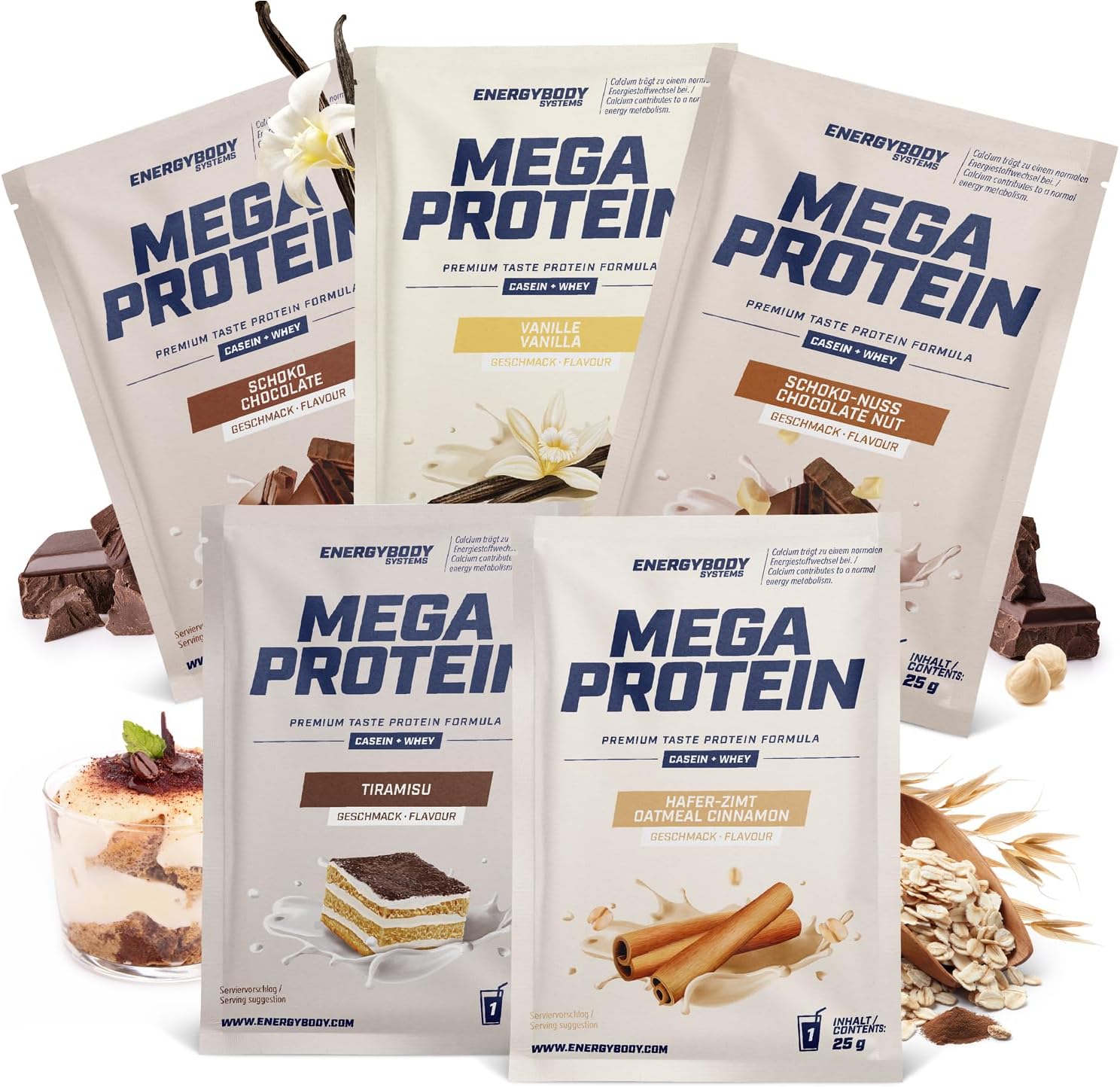 Energybody® Mega Protein Pulver Probierpaket 1-5x25g - Mehrkomponenten Protein mit Casein Whey ...
