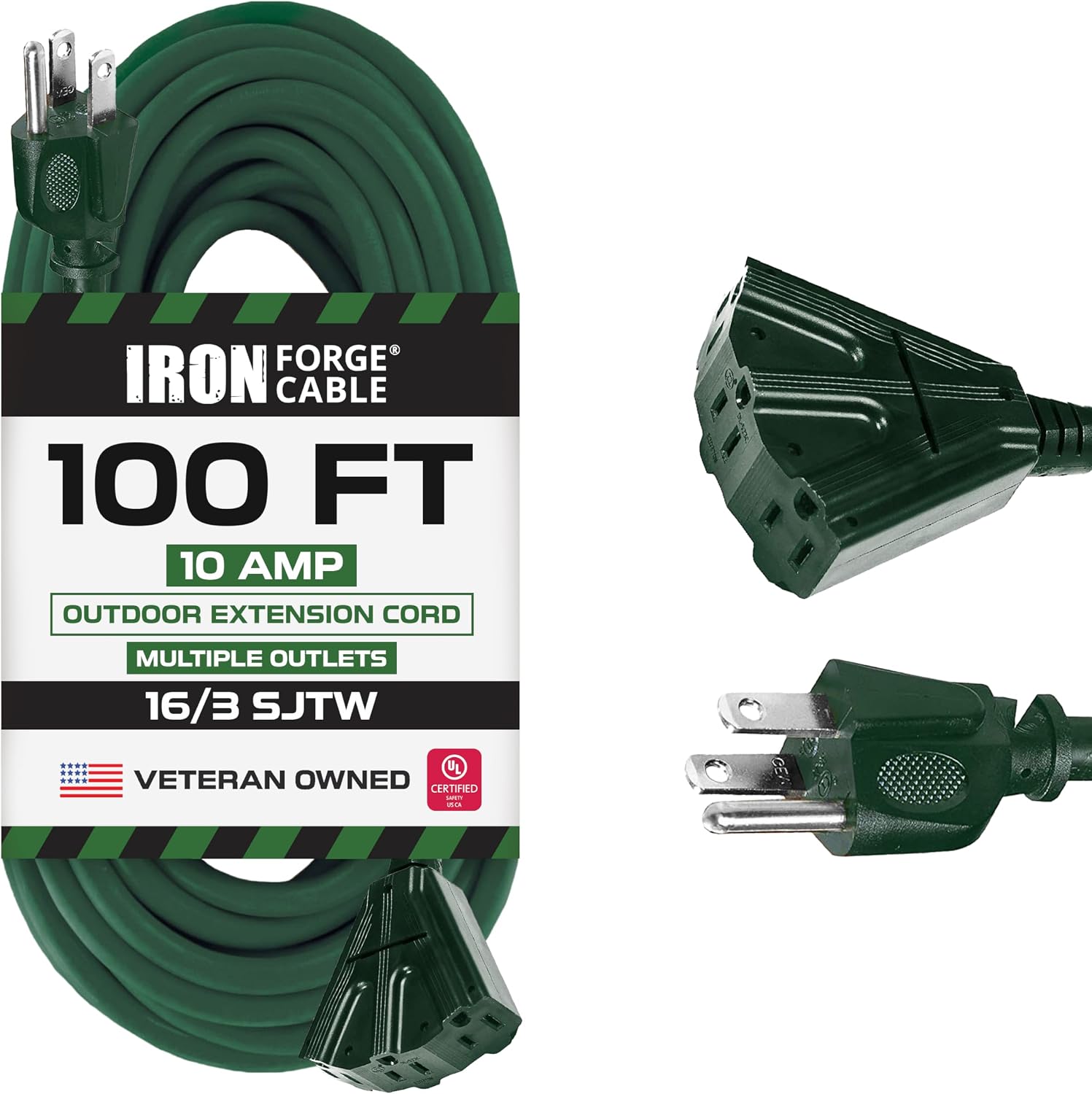 Iron Forge Cable 100ft Green Outdoor Extension Cord with 3 Outlets - 16 ...