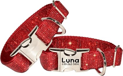 Amazon.com: Red Crystal Rhinestone Bling Dog Collars, Engraved Buckle ...