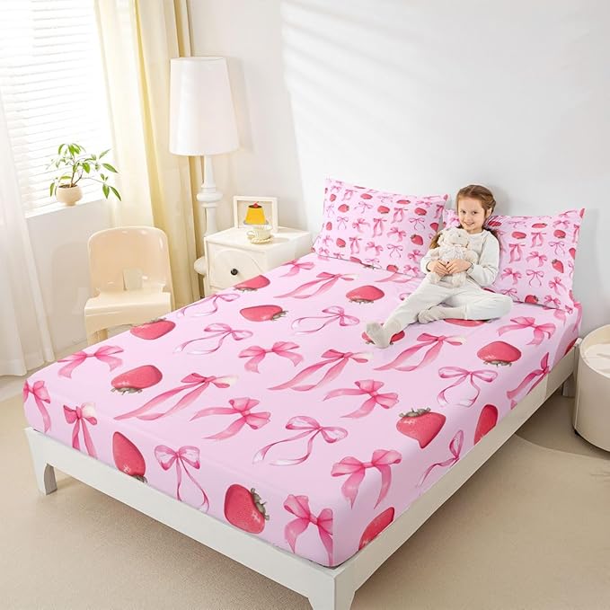 Amazon.com: Erosebridal Strawberry Bow Twin Fitted Sheet for Girls ...