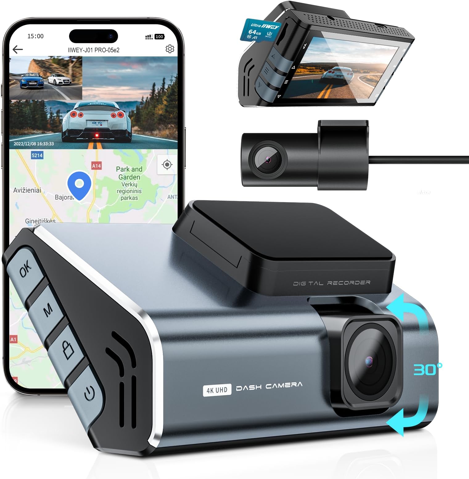 IIWEY Dash Cam Front Rear 4K Built-in WiFi, External GPS, Free 64GB SD ...