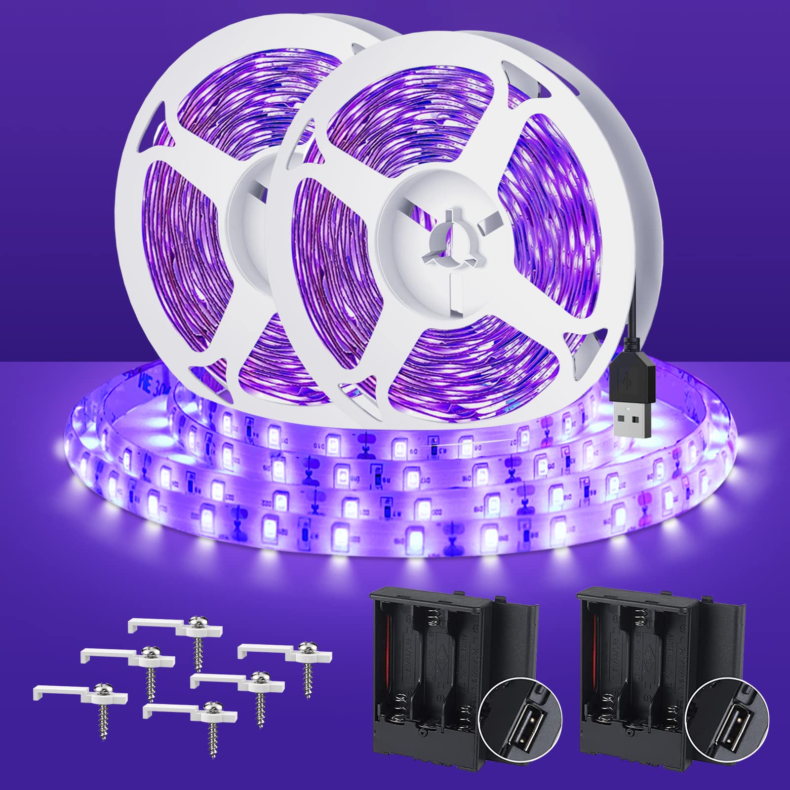 Atfoyer 2PCS 9.84FT Black Light Strips with Battery Box and USB Plug ...