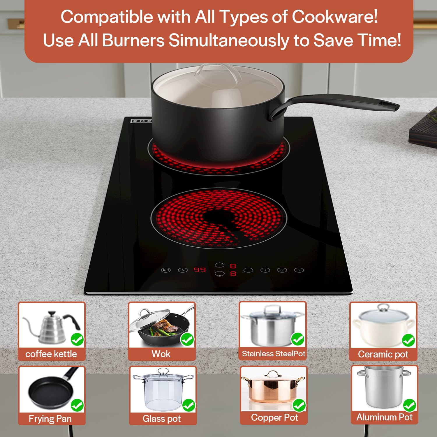 Empava Electric Cooktop, 12 Inch 2 Burner, Built in Radiant Stove, All ...
