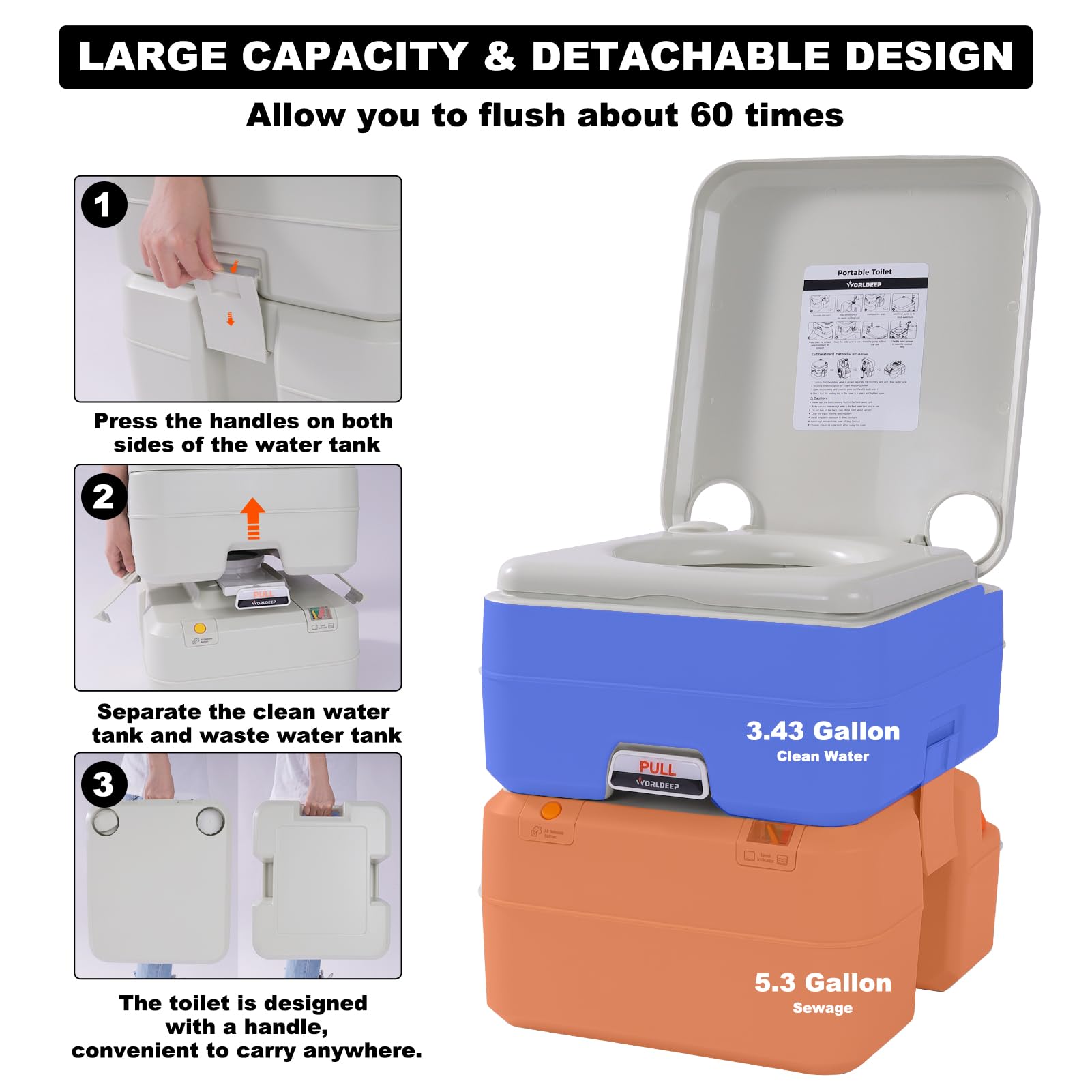Upgraded Portable Toilet for Camping with 5.3 Gallon Waste Tank ...