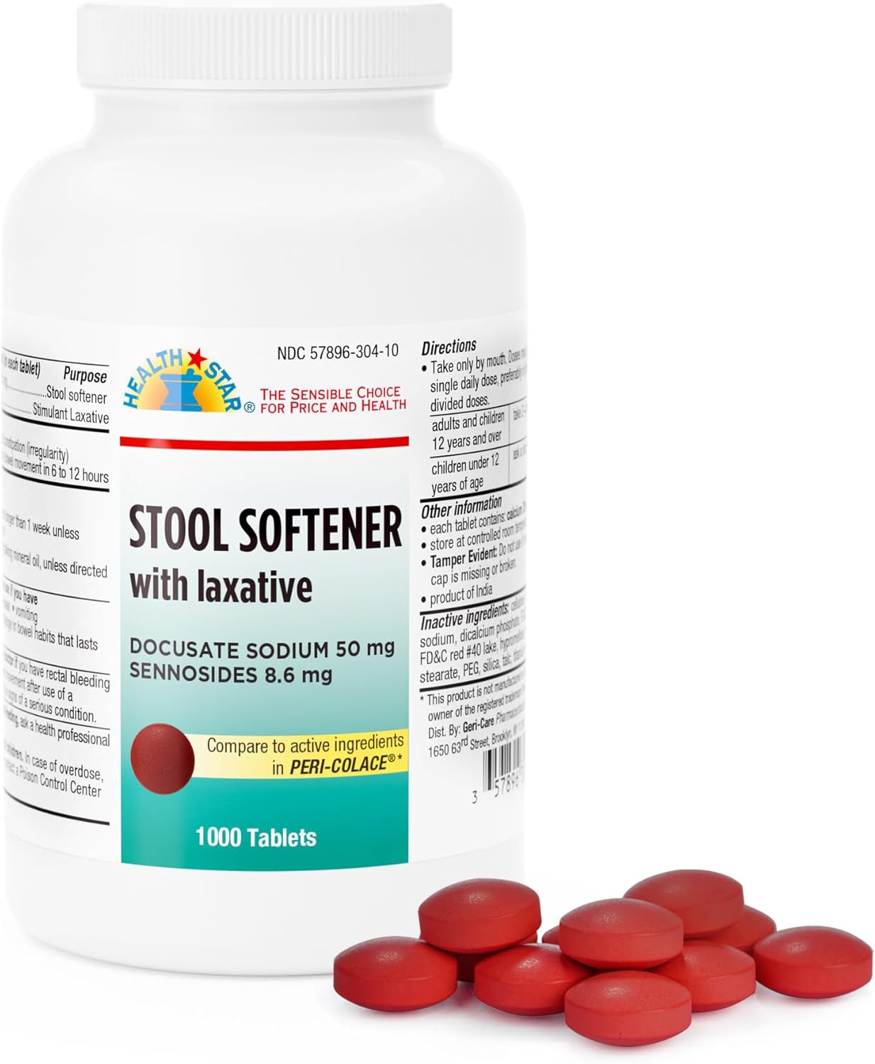 Amazon.com: Health Star Docusate Sodium with Senna Tabs, 50mg / 8.6mg ...