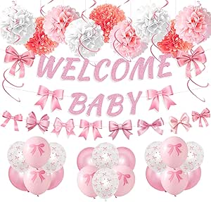 Amazon.com: Welcome Home Baby Girl Banner - 35 Pcs Pink Bow Baby Shower ...