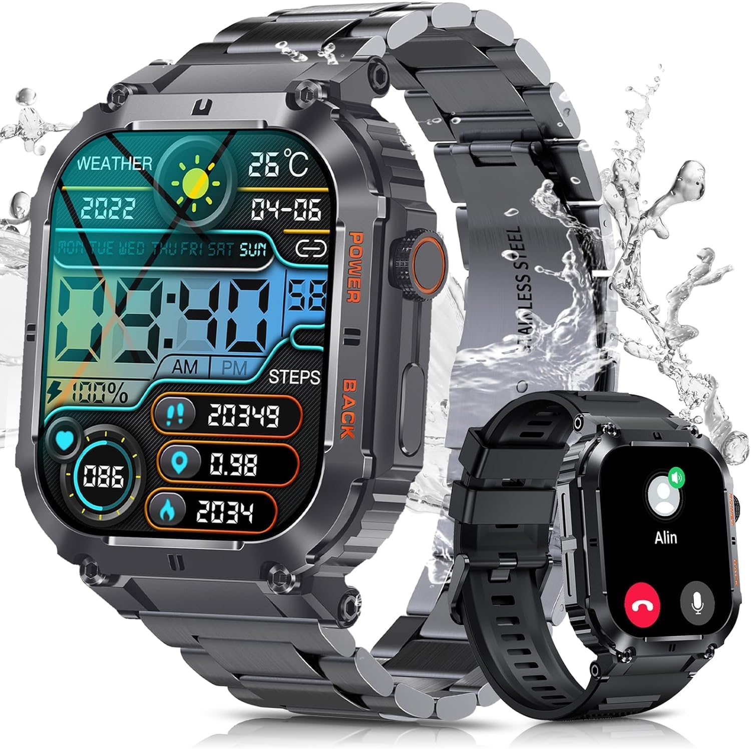 ESFOE Reloj Inteligente Hombre(2 Correas),1,96" HD Smartwatch Militar ...