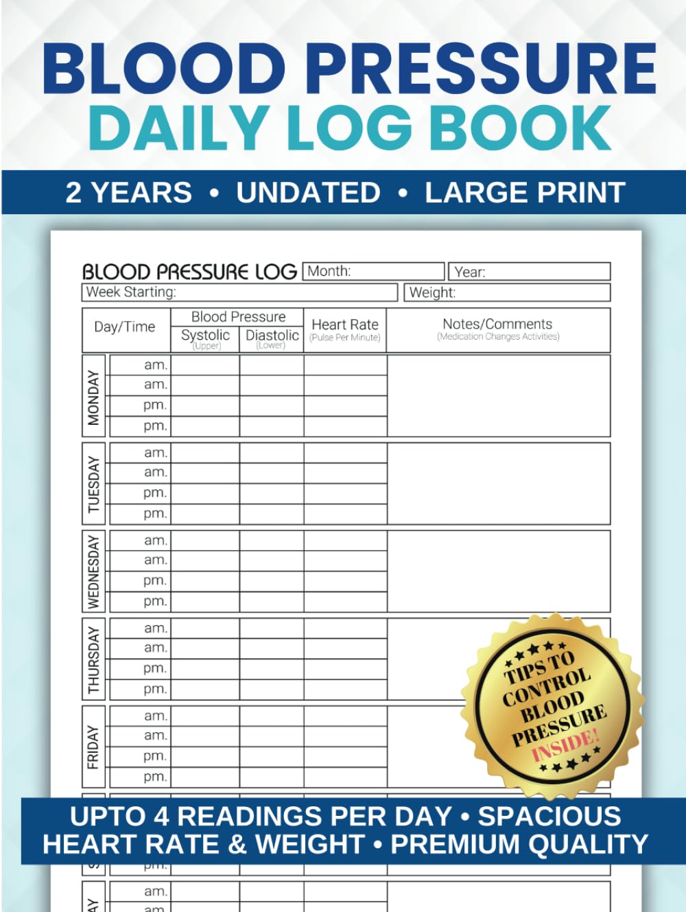 Blood Pressure Log Book: Daily Tracking Journal in Large Print to ...