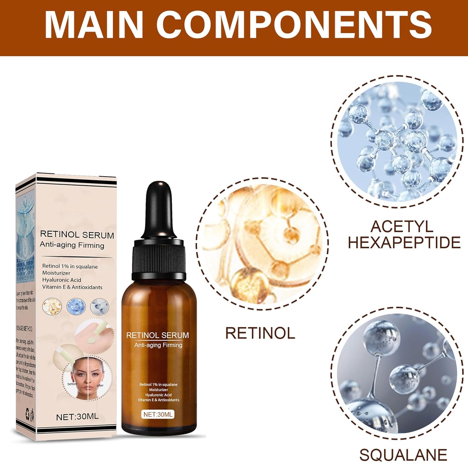 Suero de retinol para cara con ácido hialurónico, vitamina E antienvejecimiento y suero facial ...