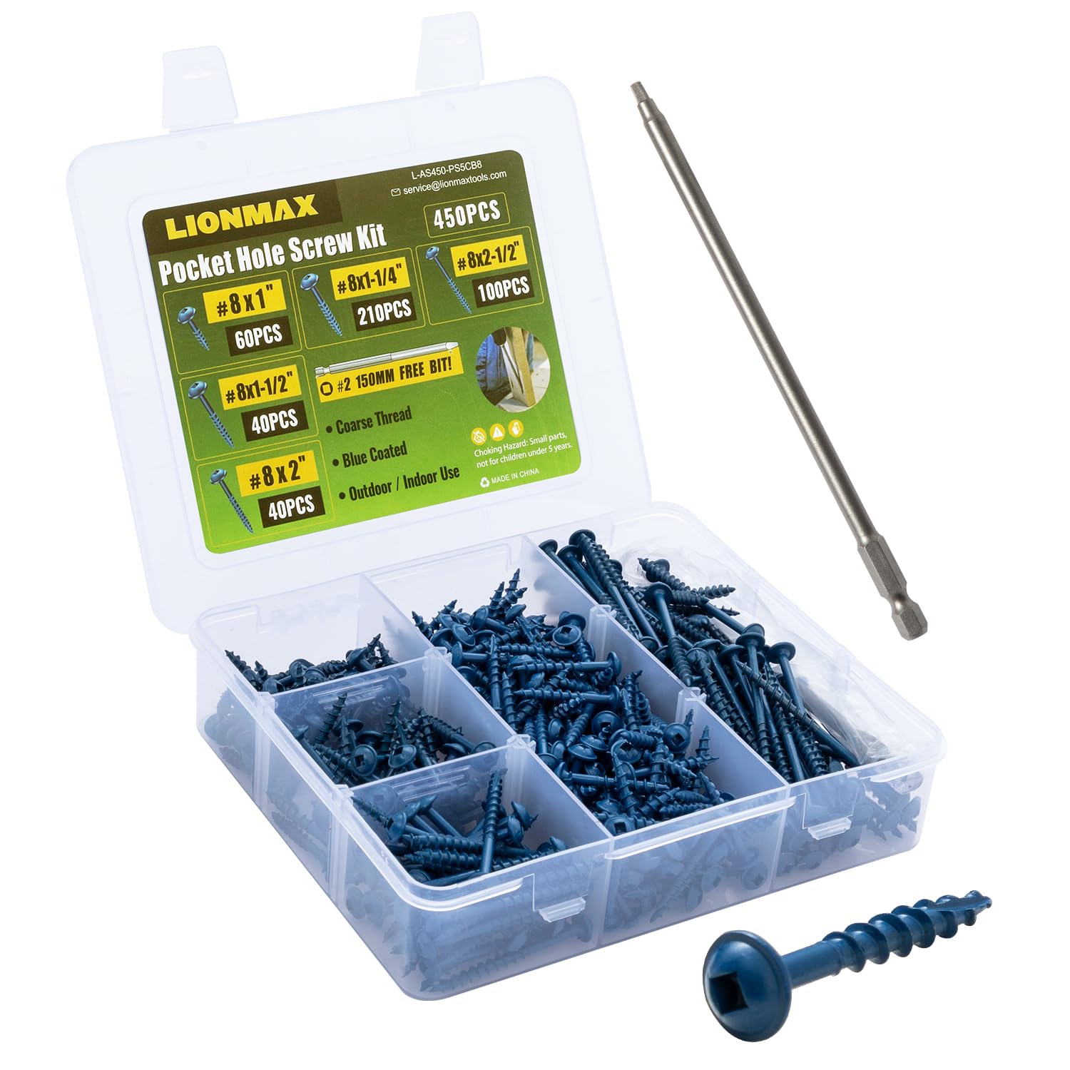 LIONMAX Pocket Hole Screws Assortment Kit, 450 PCS in 5 Sizes, 8 x 1 ...