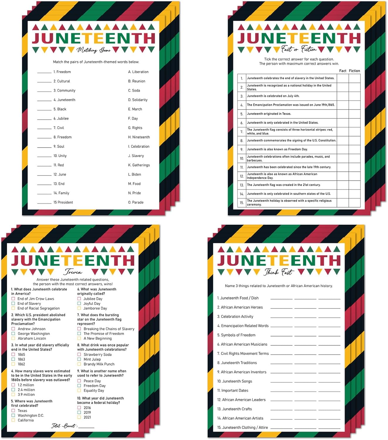 Amazon.com: DoneJPee 120 Pcs Juneteenth Cultural Trivia Game, 4 Kind of ...