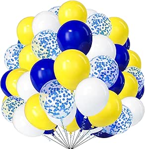 10 Inch Yellow Blue Balloons 30 PCS White Balloons With Blue Confetti Balloons for Birthday ...