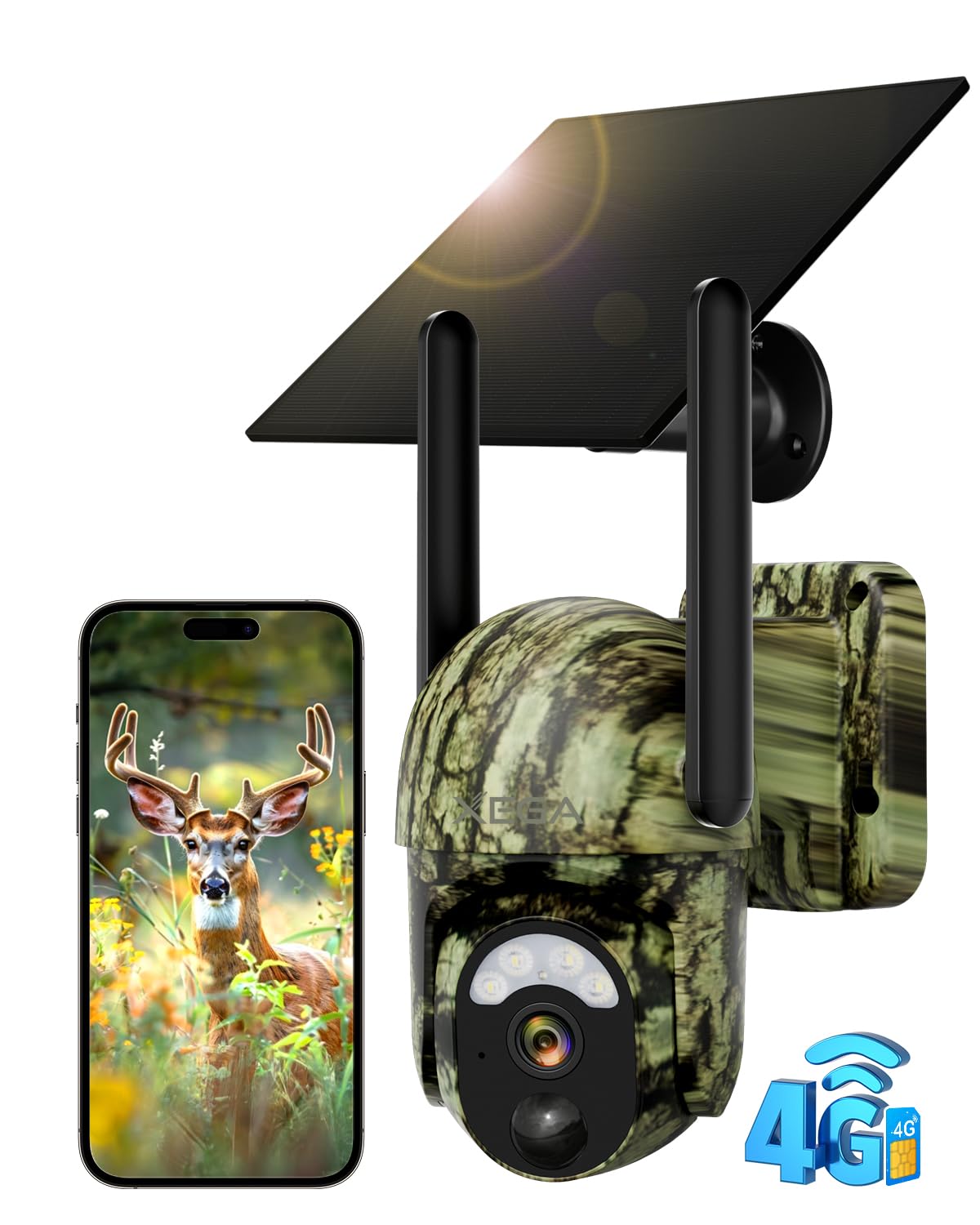 Xega 3G/4G LTE Wildkamera Solar, 2K PTZ Wildtierkamera mit SIM-Karte ...