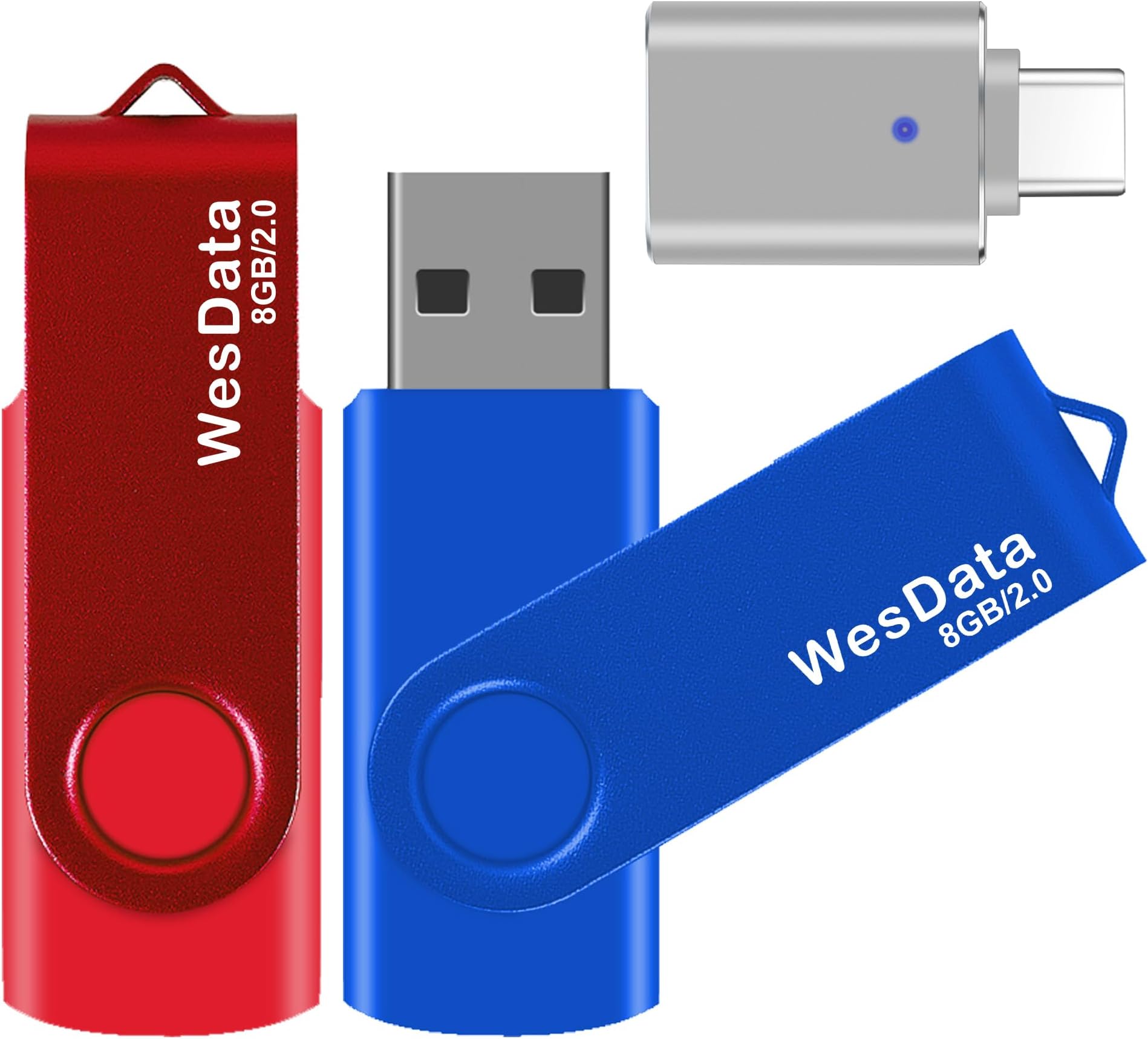 Amazon.com: WesData 2 Pack 8GB USB 2.0 Flash Drive and 1 USB C Adapter, Thumb Drive USB Memory ...