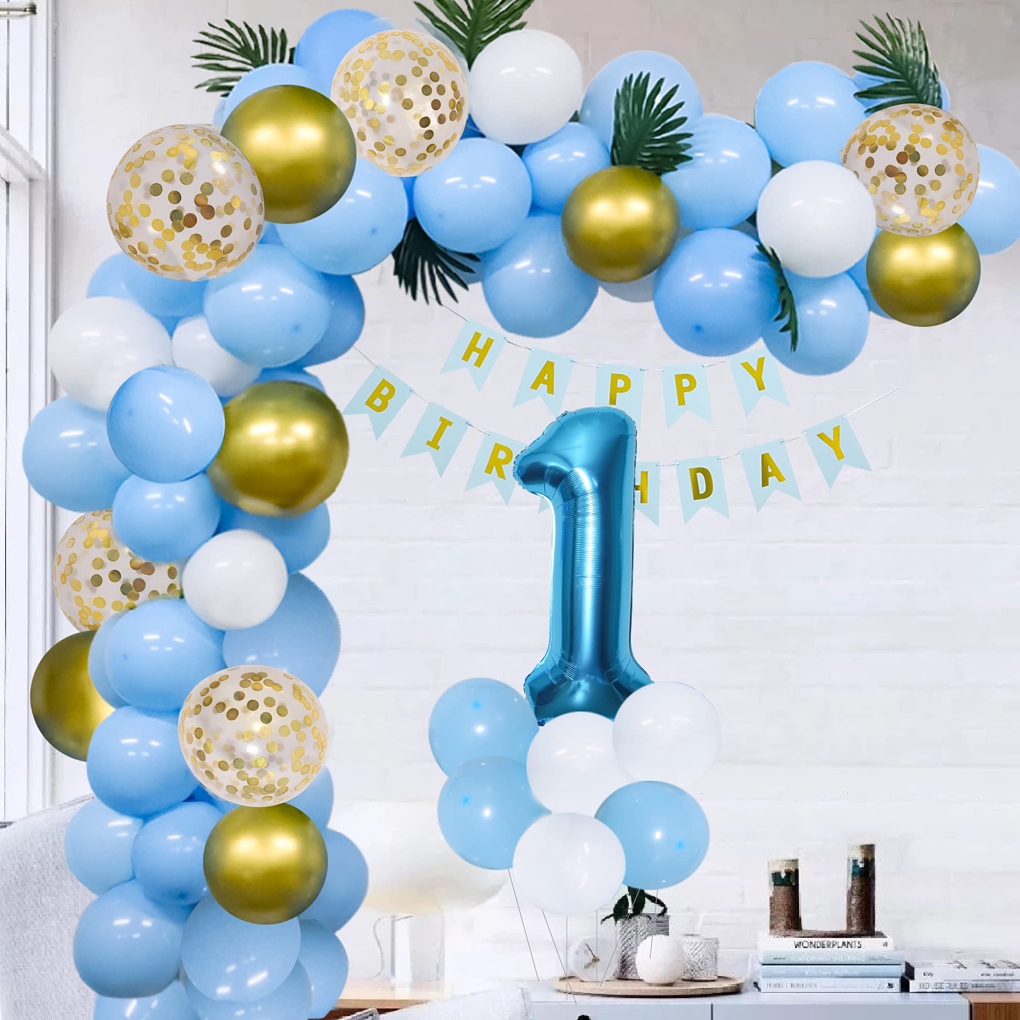 1st Birthday Party Decorations - Blue and Gold Macaron Balloons Arch ...