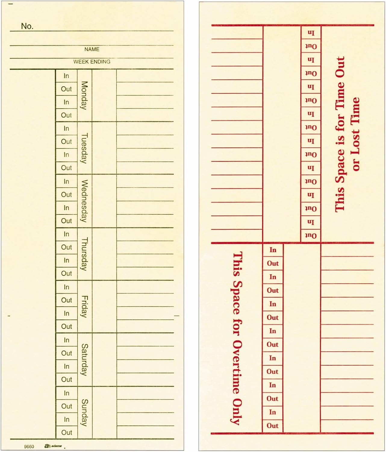 Adams Time Cards, Weekly, 2-Sided, Overtime Format, 3-3/8" x 8-1/4 ...