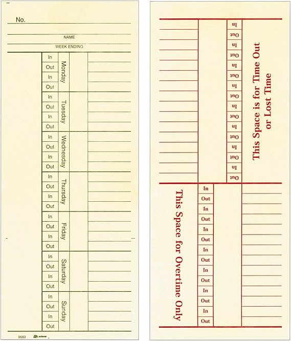 Adams Time Cards, Weekly, 2-Sided, Overtime Format, 3-3/8" x 8-1/4 ...