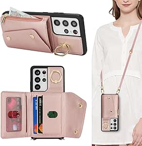 Amazon.com: Lipvina for Samsung Galaxy S21 Ultra Case with Card Holder and Strap - Zipper Pocket ...