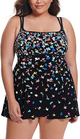 Longitude Swimwear Plus Size Swimdress - Floral Black at Amazon Women’s ...