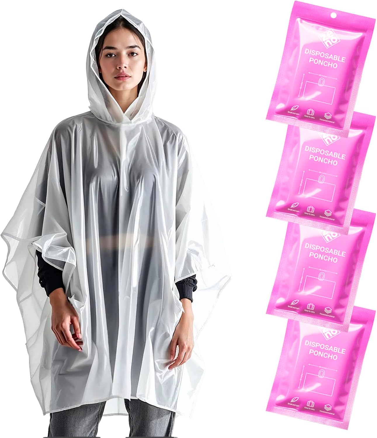 ZENO Disposable Rain Ponchos for Adults - Clear with Hood, Compact ...